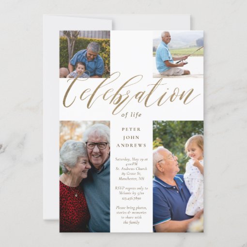 Gold Calligraphy Photo Cross Celebration of Life Invitation | Zazzle