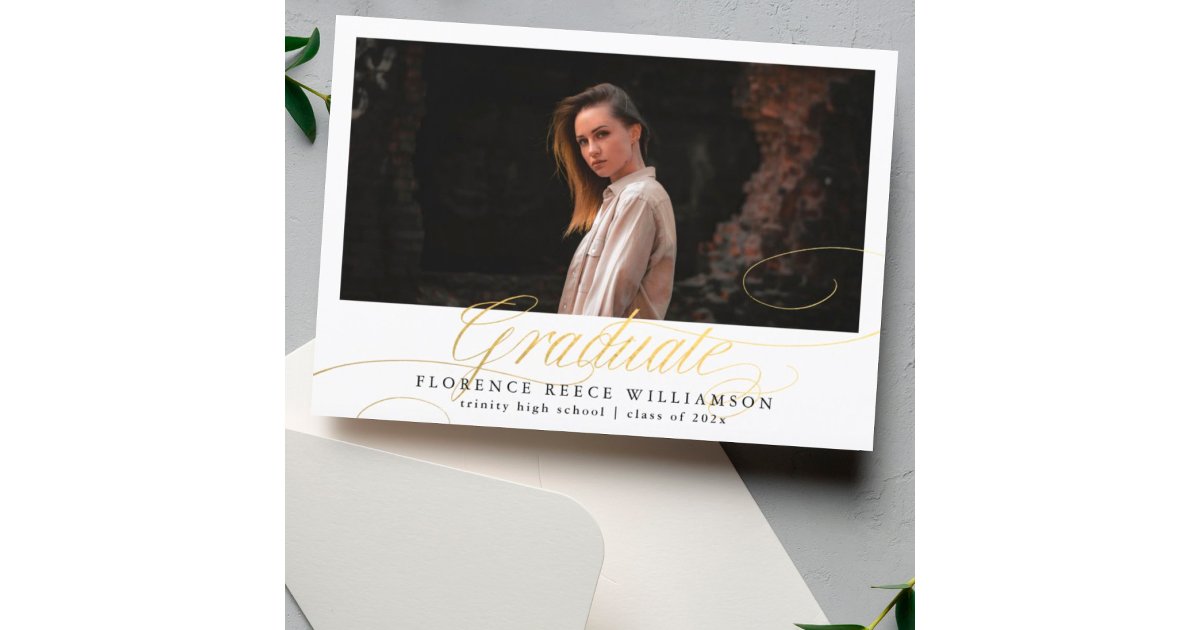 Gold Calligraphy Photo High School Graduation Announcement | Zazzle
