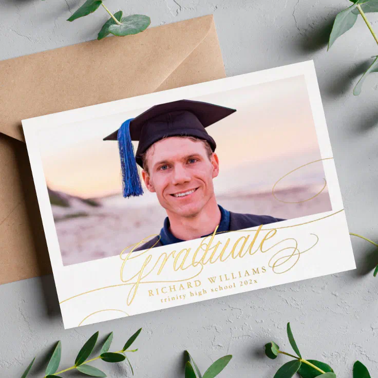 GOLD Calligraphy Photo High School Graduation Foil Invitation | Zazzle