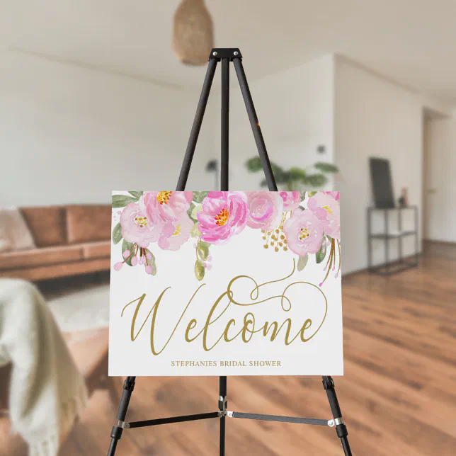 Gold Calligraphy Pink Floral Welcome Easel Sign | Zazzle