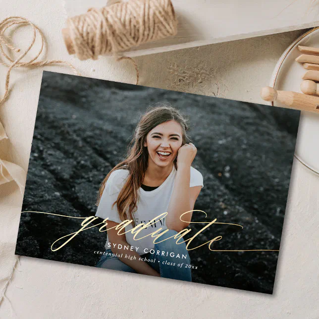 Gold Calligraphy Script Graduation Photo Invitation | Zazzle