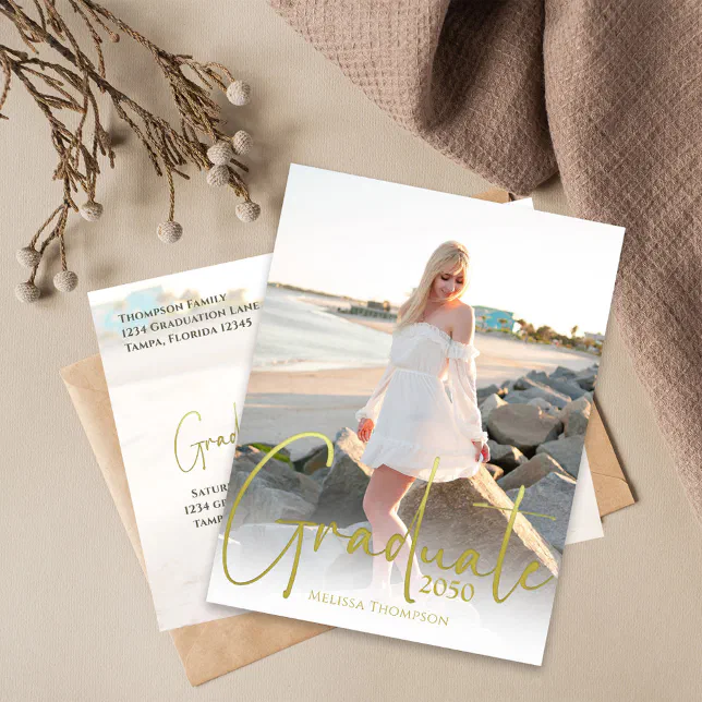 Gold Calligraphy Script Minimalist Two Photo Postcard | Zazzle