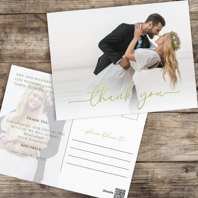 Gold Calligraphy Script Modern Simple Two Photo Postcard | Zazzle