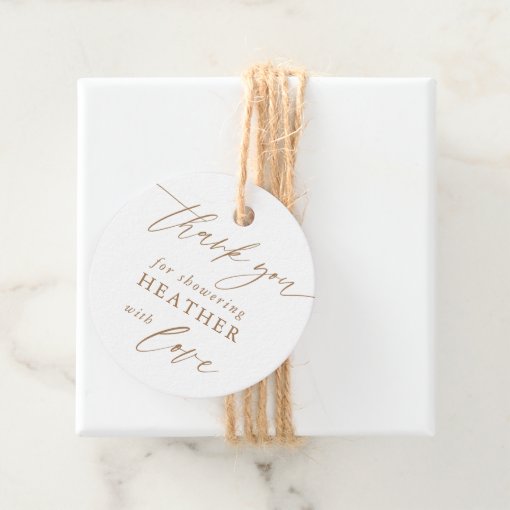 Gold Calligraphy Thank You For Showering With Love Favor Tags | Zazzle