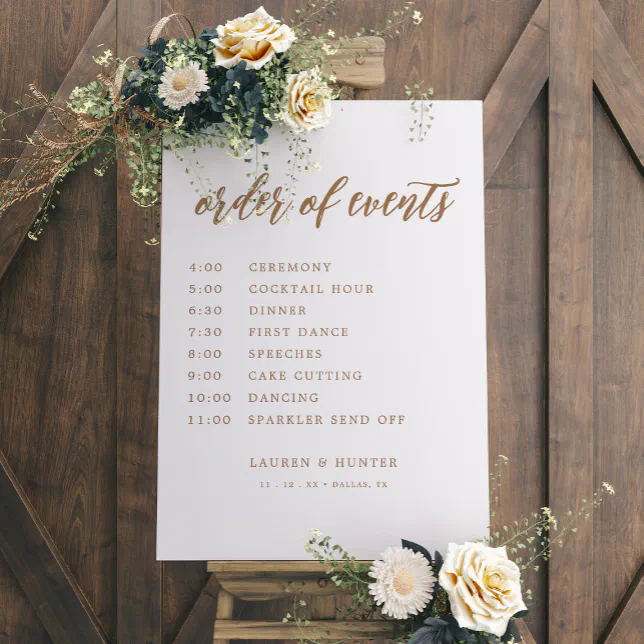 Gold Calligraphy Wedding Order of Events Sign | Zazzle