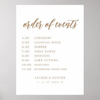 Gold Calligraphy Wedding Order of Events Sign | Zazzle