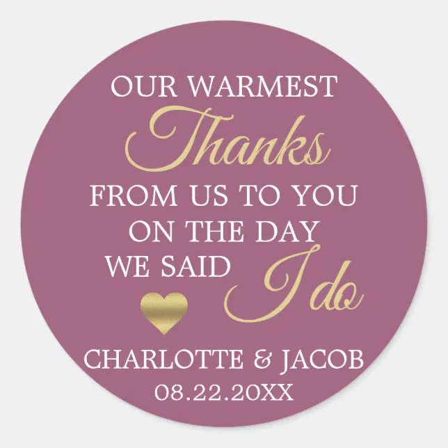 Gold CASSIS Wedding Heart Warmest Thanks Classic Round Sticker | Zazzle
