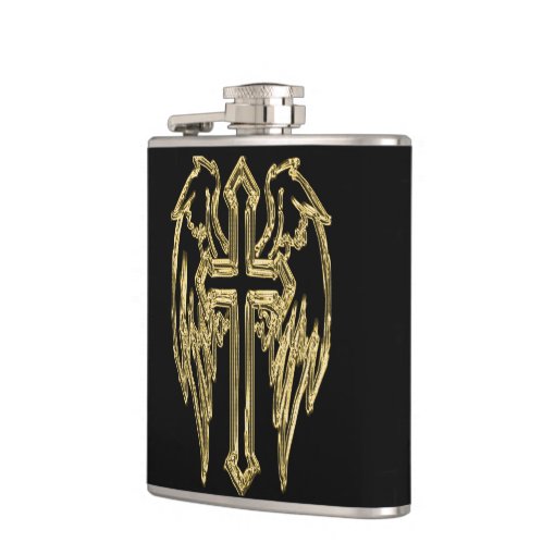 Gold catholic cross with wings hip flask | Zazzle