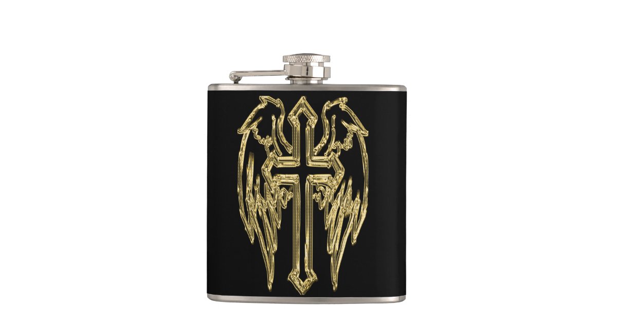 Gold catholic cross with wings hip flask | Zazzle