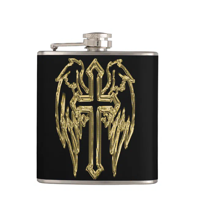 Gold catholic cross with wings hip flask | Zazzle