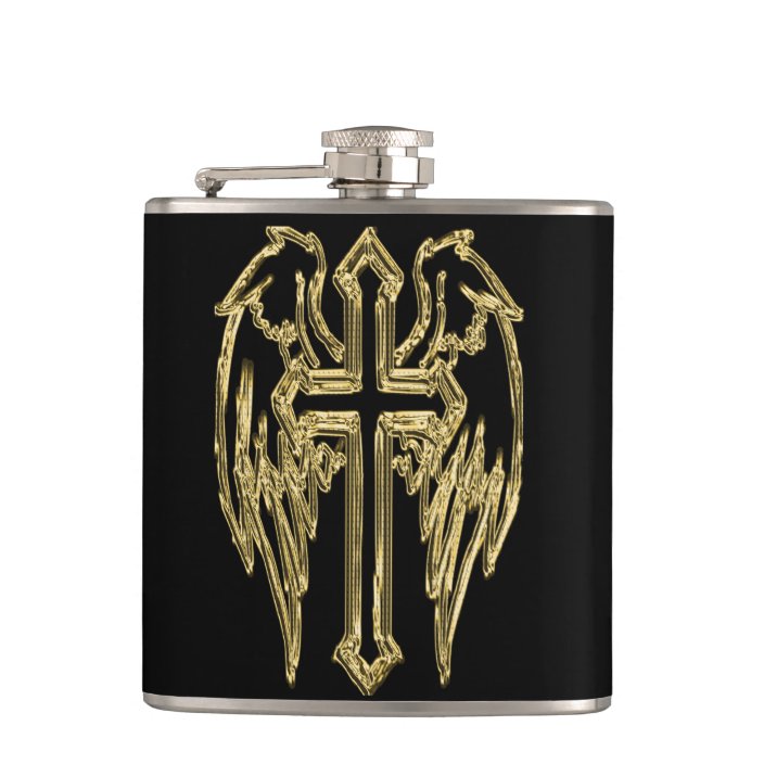 Gold catholic cross with wings hip flask | Zazzle.com