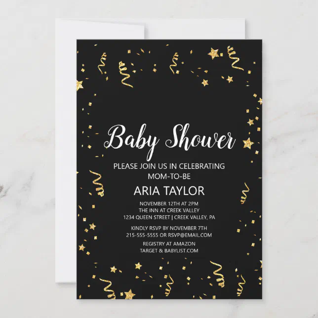 Gold Celebration on Black Baby Shower Invitation | Zazzle