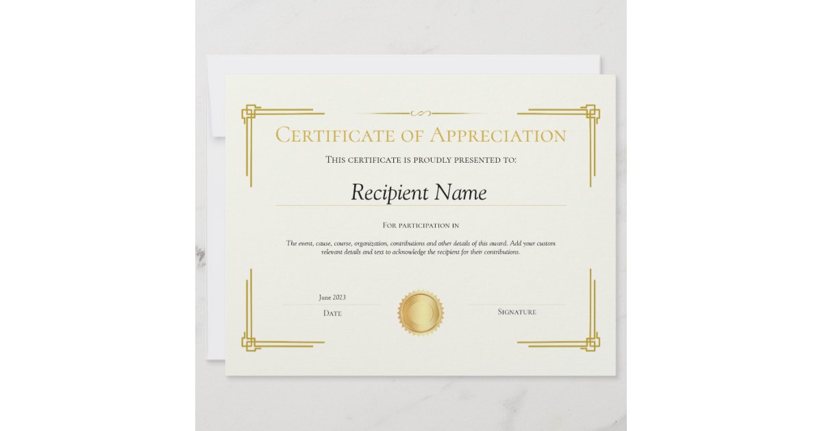 Gold Certificate of Appreciation Template | Zazzle