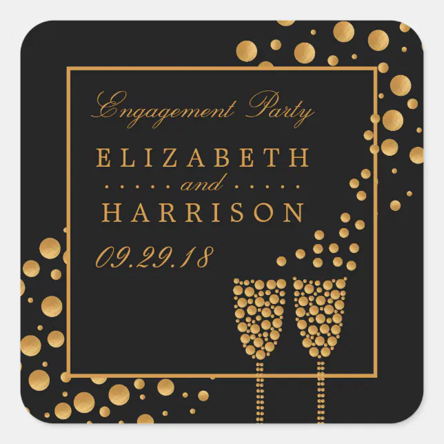 Gold Champagne Bubbles Engagement Party Square Sticker | Zazzle