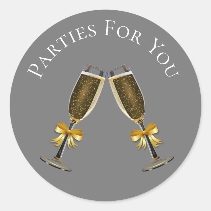 Gold champagne glasses party business branding classic round sticker ...