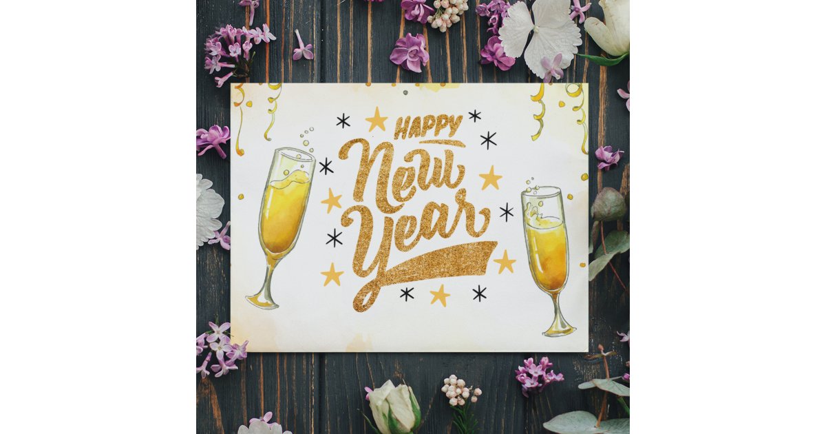 Gold Champaign New Year Handwritten Holiday Invitation | Zazzle