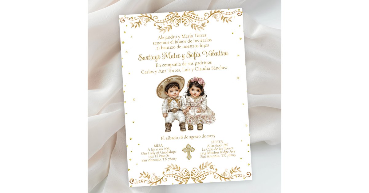 Gold Charro and Charra Twin Spanish Baptism Invitation | Zazzle