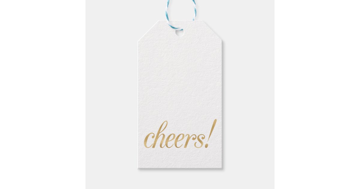 Gold cheers favor tags, foil font gift tags | Zazzle