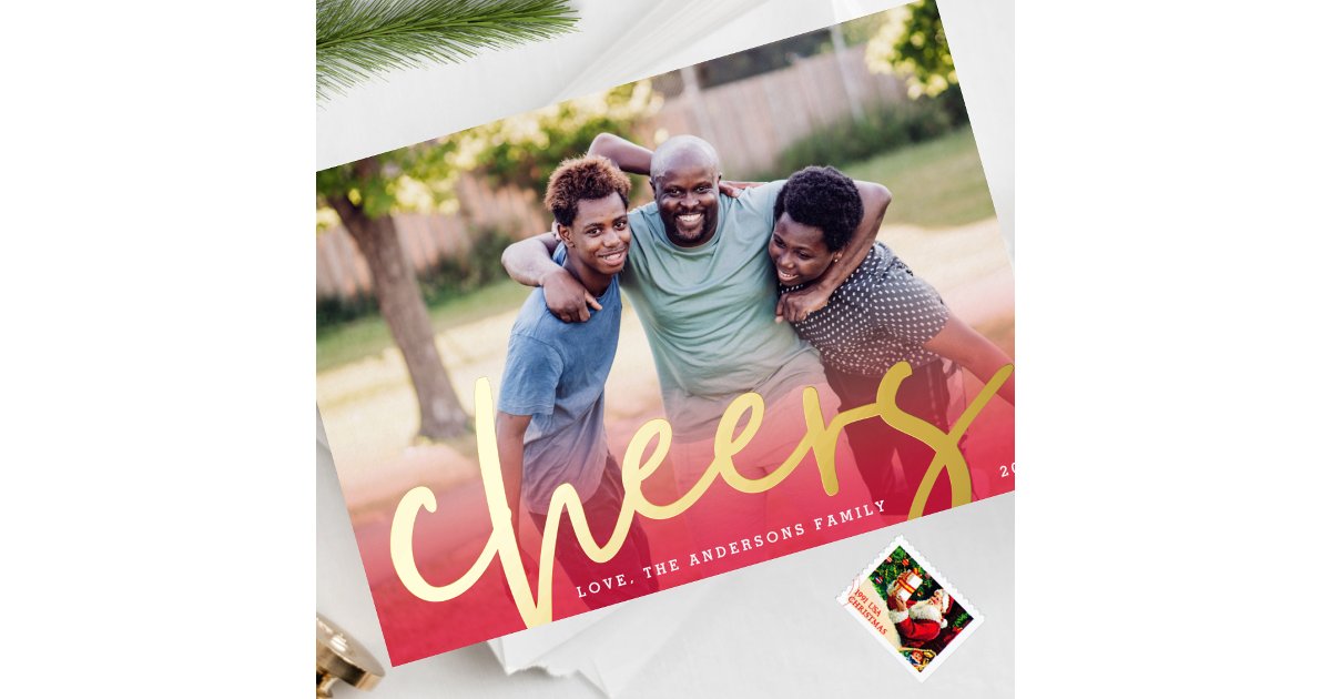 GOLD CHEERS | Red Gradient Merry Christmas Photo Foil Holiday Card | Zazzle