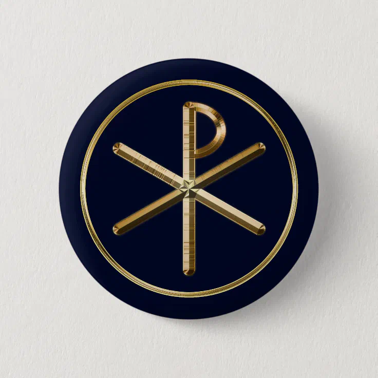 Gold Chi-Rho symbol on dark blue Button | Zazzle