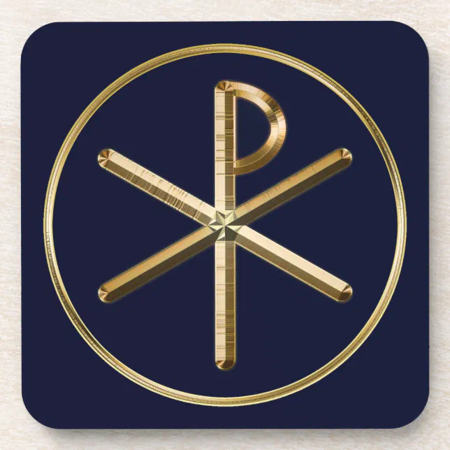 Gold Chi-Rho symbol on dark blue Drink Coaster | Zazzle