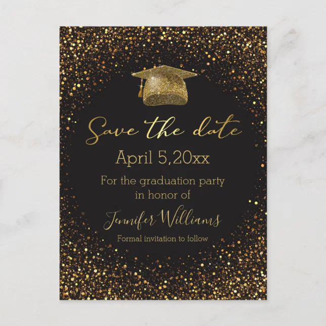 gold chic glitters black graduation save the date announcement postcard ...