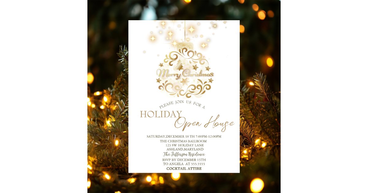 Gold Christmas Ball Sparkle Holiday Open House Invitation | Zazzle