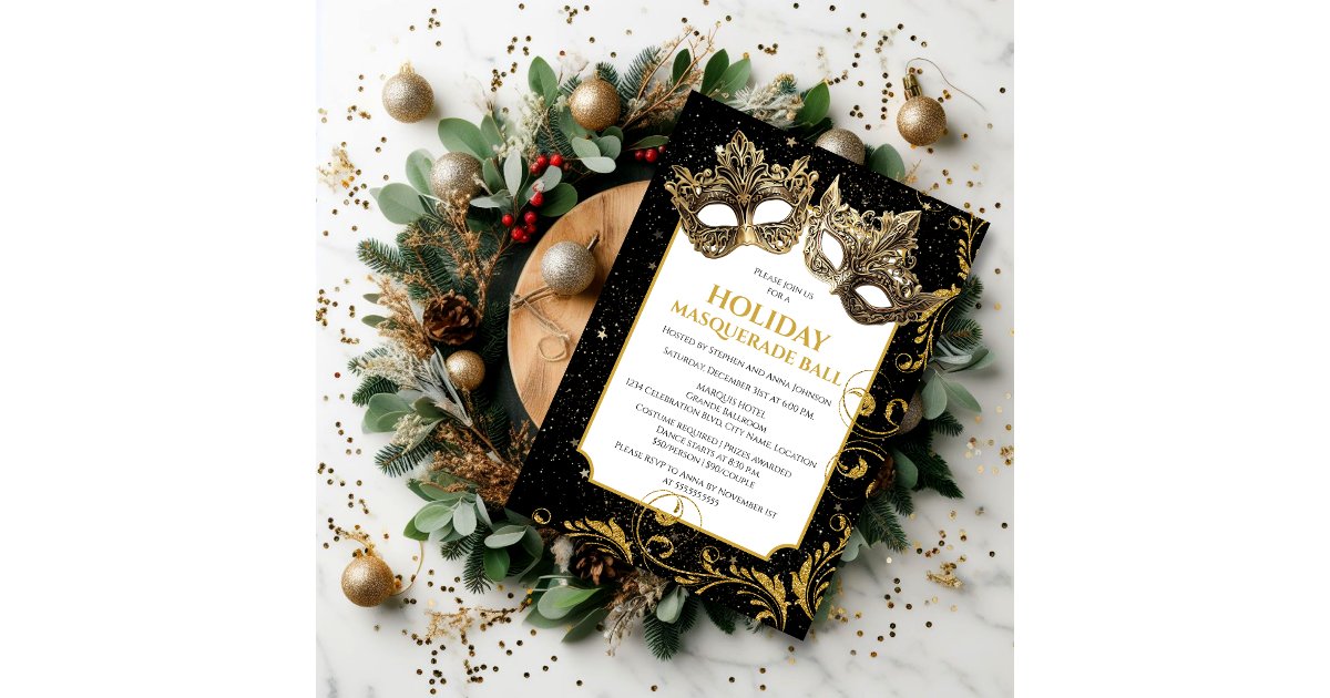 Gold Christmas Holiday Masquerade Ball Invitation | Zazzle