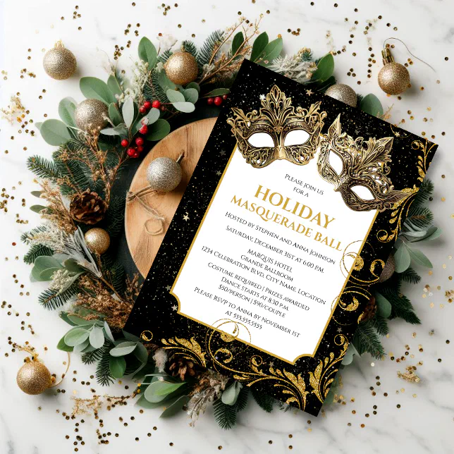 Gold Christmas Holiday Masquerade Ball Invitation | Zazzle