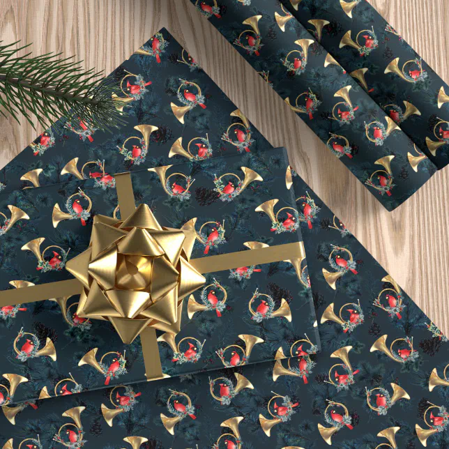 Gold Christmas Horns with Cardinals Dark Blue Wrapping Paper | Zazzle