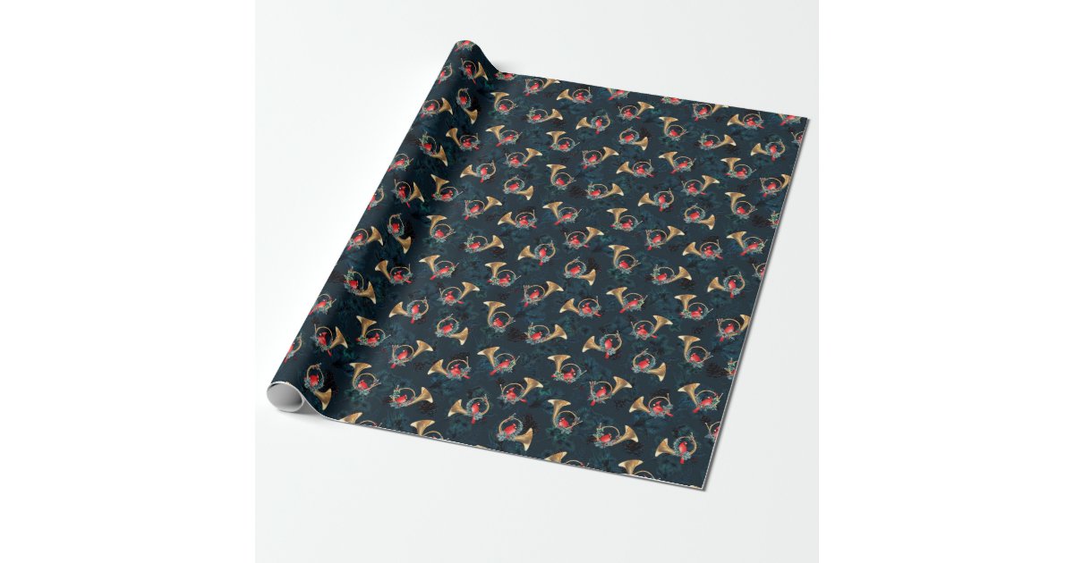 Gold Christmas Horns with Cardinals Dark Blue Wrapping Paper | Zazzle