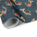 Gold Christmas Horns with Cardinals Dark Blue Wrapping Paper | Zazzle