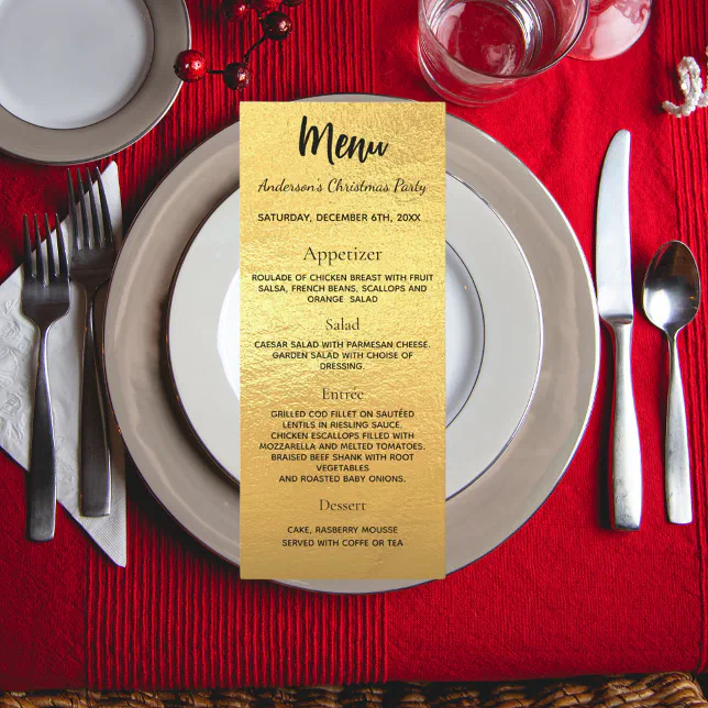 Gold Christmas party dinner menu card | Zazzle