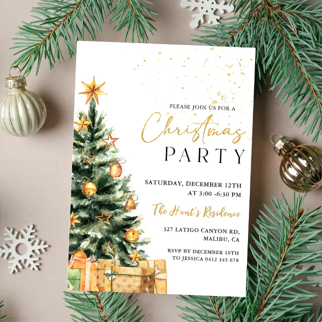 Gold Christmas Tree Festive Christmas Party Invitation | Zazzle