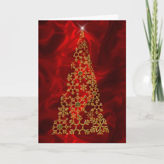 Gold Christmas Tree on Red Christmas Card | Zazzle