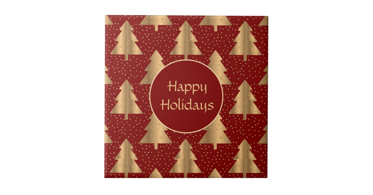 Gold Christmas Tree Pattern on Red Ceramic Tile | Zazzle