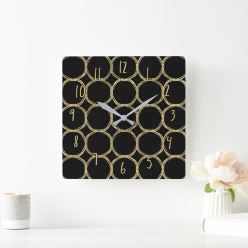 Gold Circles & Black Modern Trendy Chic Square Wall Clock | Zazzle