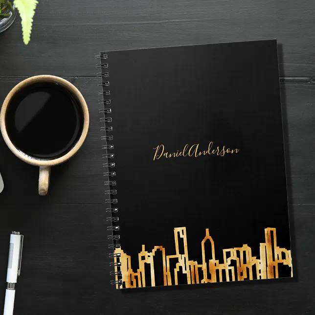Gold city skyline black professional script notebook | Zazzle