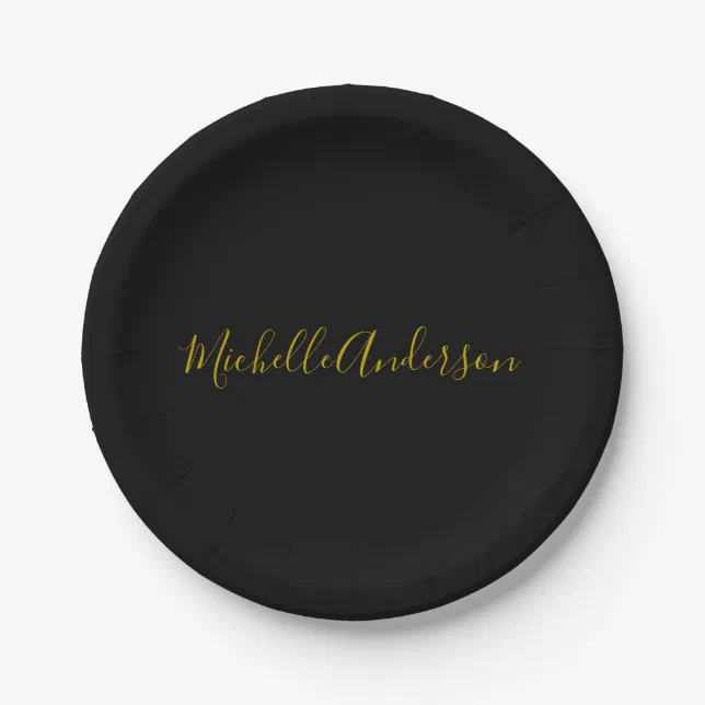 Gold Color Black Modern Minimalist Handwrite Name Paper Plates | Zazzle