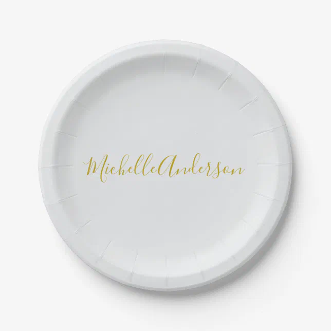 Gold Color Modern Minimalist Handwriting Name Paper Plates | Zazzle