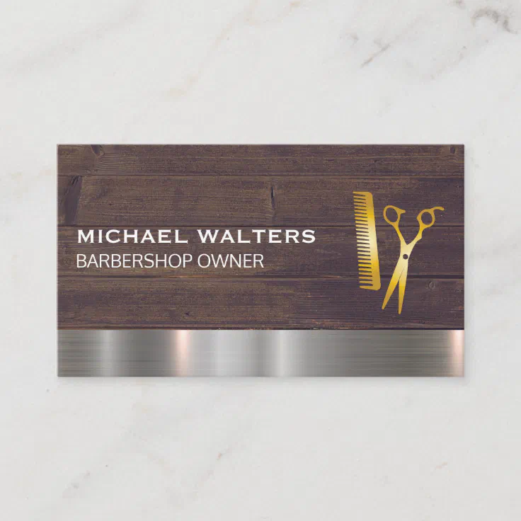 Gold Comb and Scissors Wood Metal Trim Business Card | Zazzle
