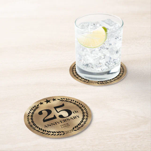 Gold Commemorative 25th Anniversary Business Logo Round Paper Coaster ...