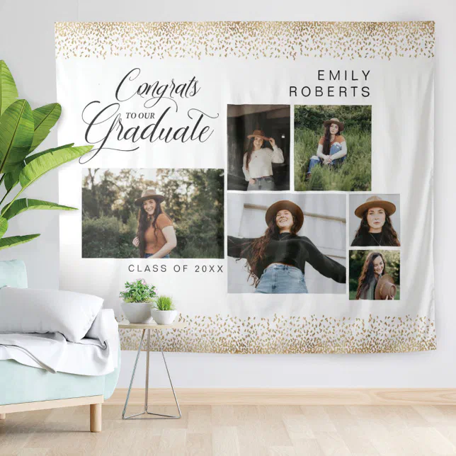 Gold Confetti 6 Photo Collage Congrats To Our Grad Tapestry | Zazzle