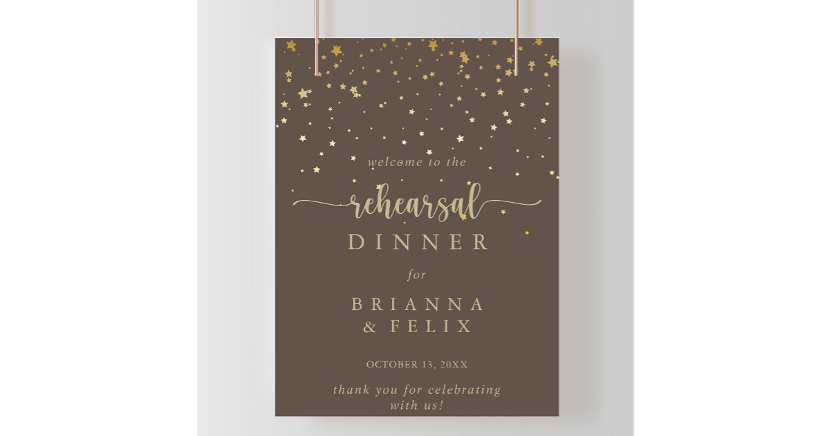 Gold Confetti Brown Rehearsal Dinner Welcome Poster | Zazzle