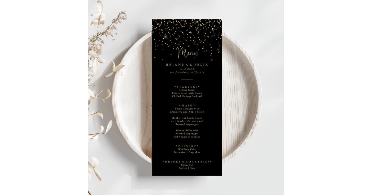 Gold Confetti Calligraphy Fancy Script Dinner Menu | Zazzle