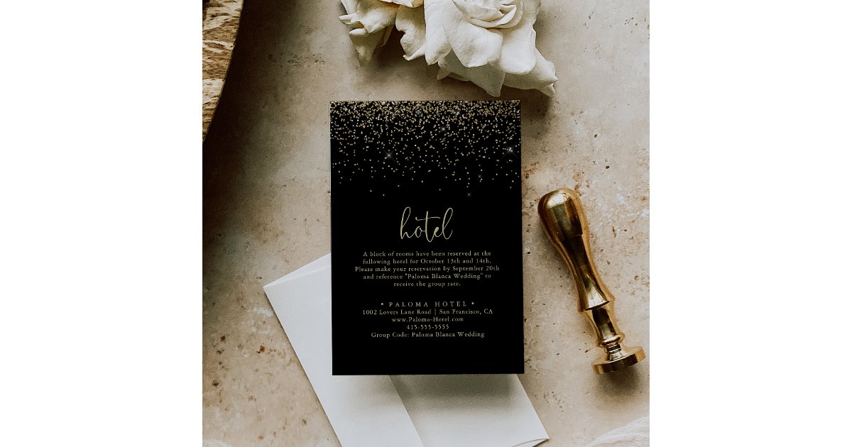 Gold Confetti Calligraphy Fancy Script Hotel Enclosure Card | Zazzle