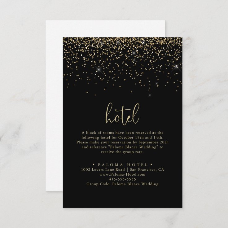 Gold Confetti Calligraphy Fancy Script Hotel Enclosure Card | Zazzle