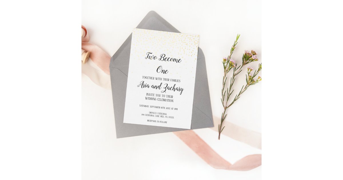 Gold Confetti Calligraphy Two Become One Wedding Foil Invitation | Zazzle