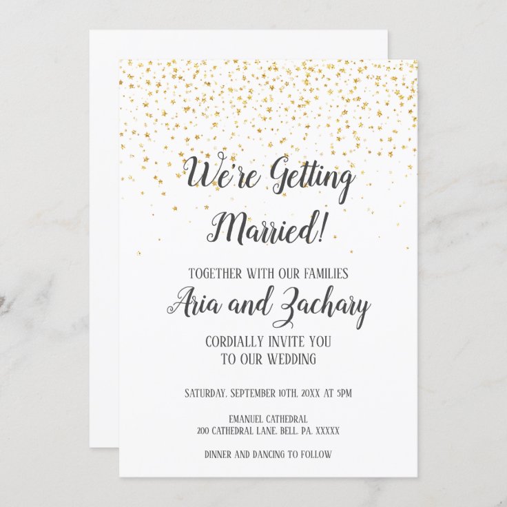 Gold Confetti Calligraphy We're Getting Married Invitation | Zazzle