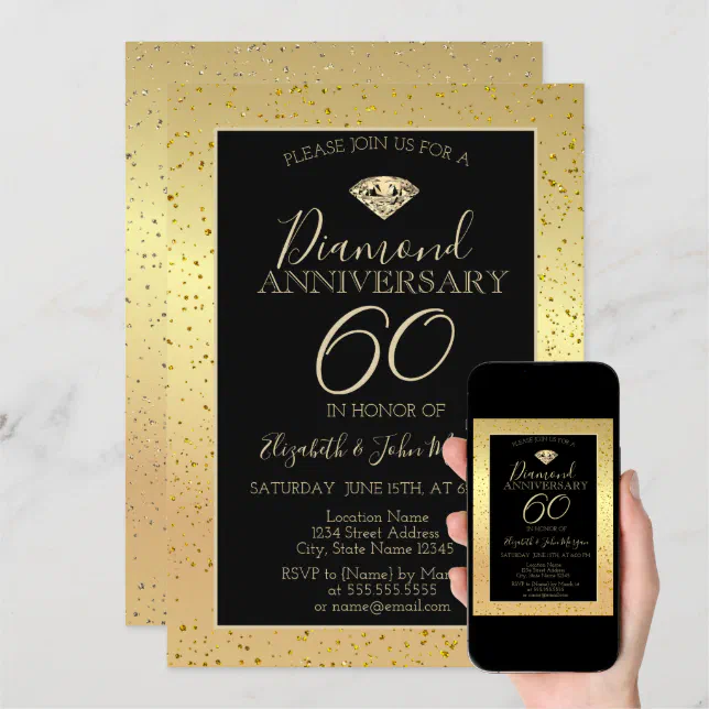 Gold Confetti Diamond Wedding Anniversary Invitation | Zazzle